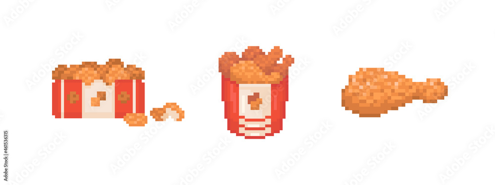 Pixel art fried chicken set illustrations. 8 bit style retro icons of ...