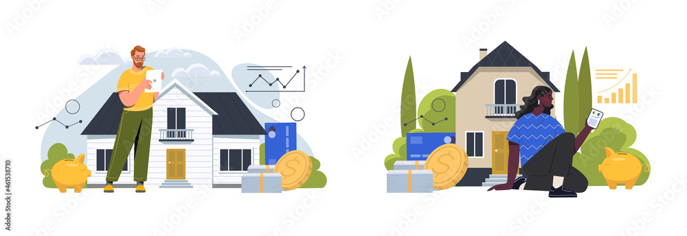 Real estate concept. Man and woman look at charts from smartphones ...