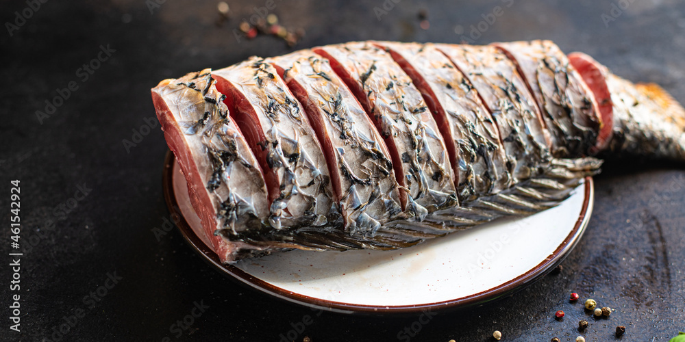 carp fish slice raw white headless freshwater fish seafood meal snack ...
