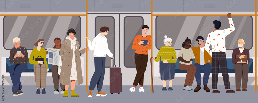 People on public transport. Various men and women go to work or study ...