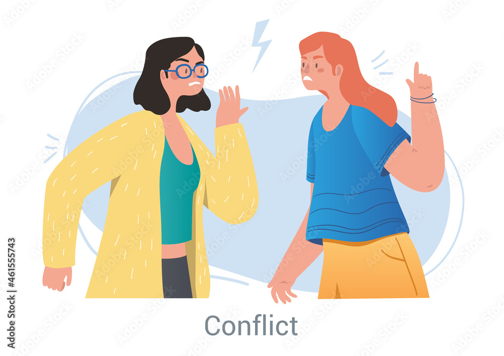 Conflict between opponents concept. Young women argue, point at each ...