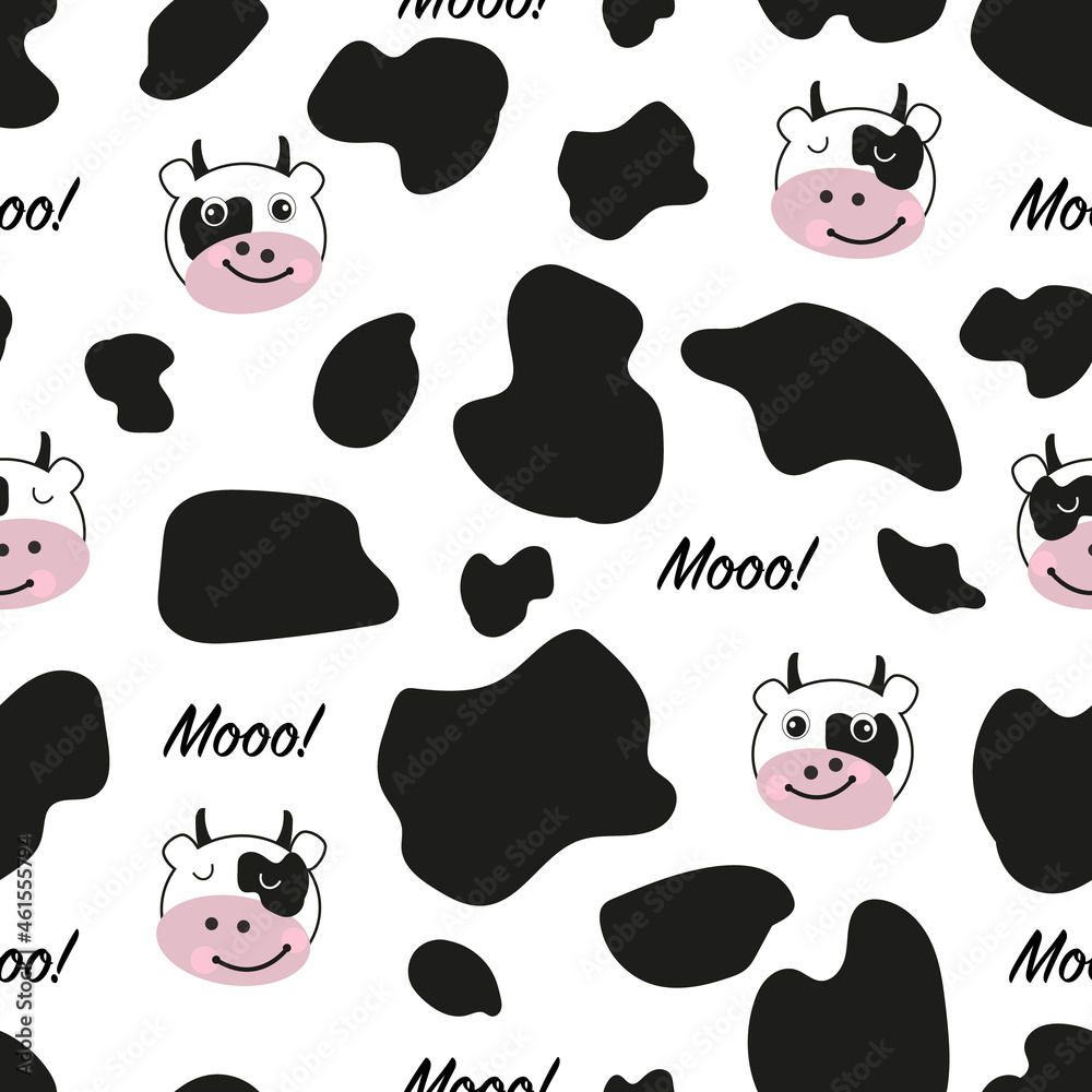 Cute cow Moo face black white background seamless for textile design ...