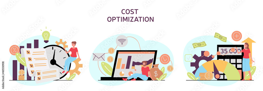 Cost optimization concept. Characters pay bills, make savings and count ...