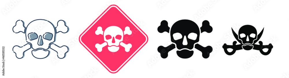 Human skull in full face view and crossbones on white background. Four ...