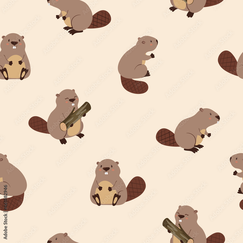 Cute beavers seamless pattern for kids. Vector illustration. Stock ...