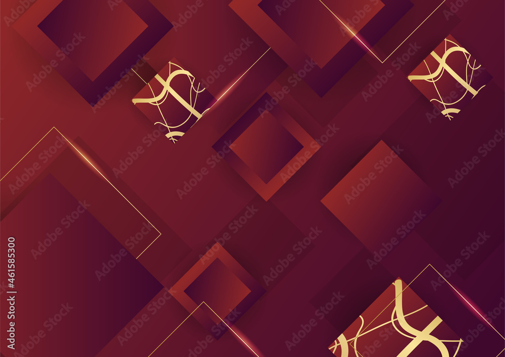 Dark red square shapes background with gold shiny element decoration ...