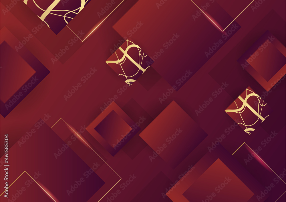 Dark red square shapes background with gold shiny element decoration ...