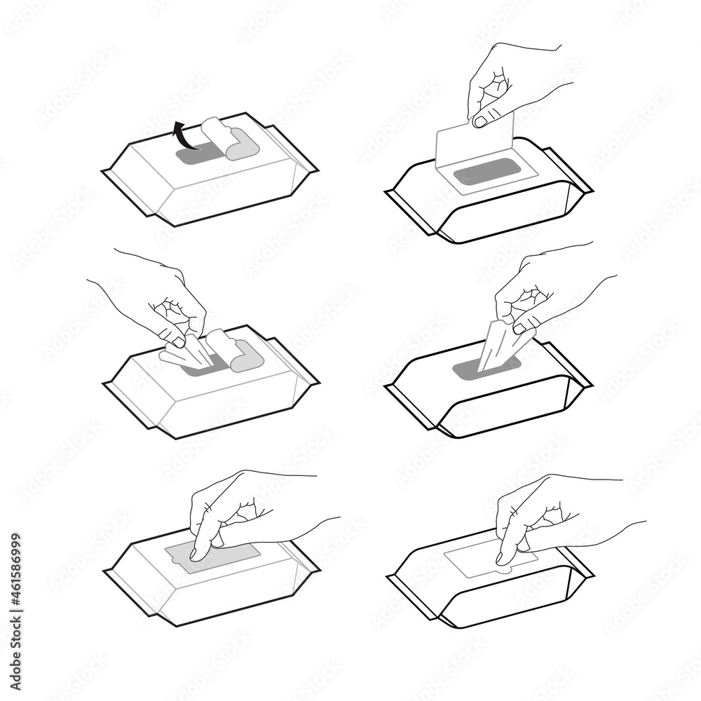 Instruction for open wet wipes pack. Vector icons on white background ...