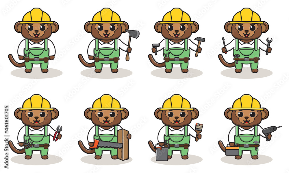 Cute and funny cartoon Monkey being a handyman. Character animal ...