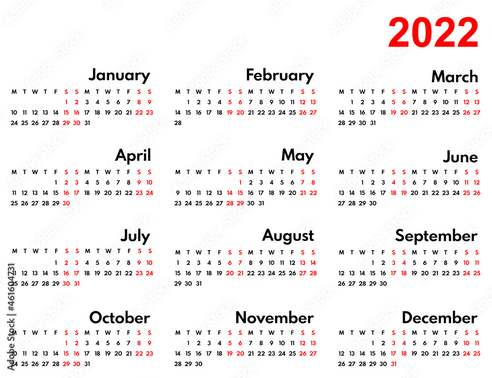 2022 full year monthly english language wall or table calendar, wide ...