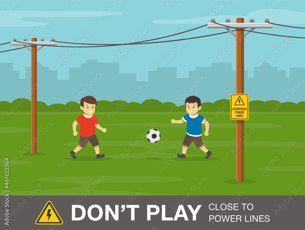 Electrical safety rule. Two kids playing football near power lines. Don ...