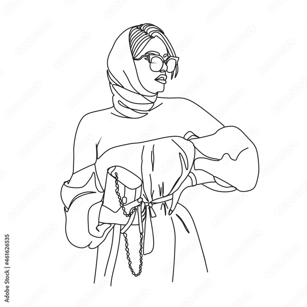 Abstract woman with handkerchief line art vector drawing. Portrait ...