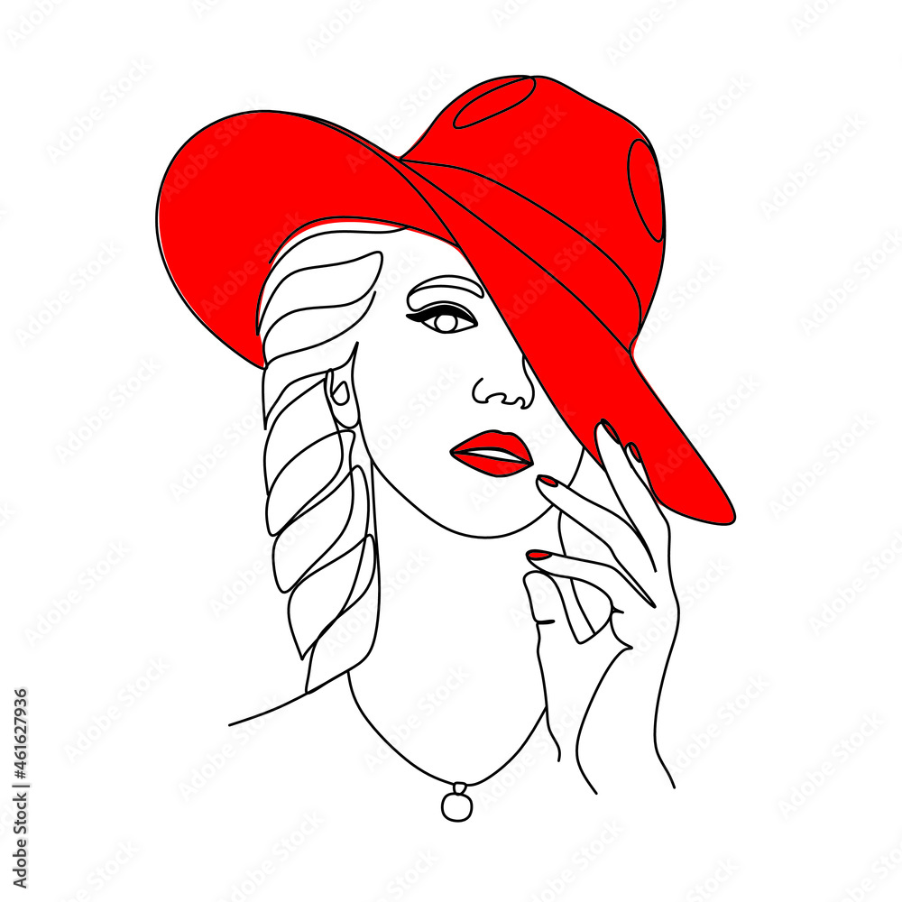 Woman with hat. Line art female hands with flowers. Abstract face with ...