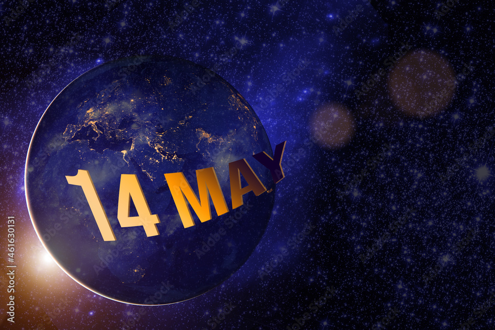 May 14th. Day 14 of month, Calendar date. Earth globe planet with ...
