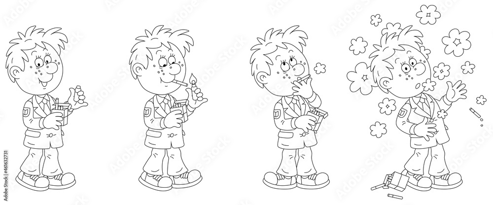 Comic strip of a funny schoolboy unsuccessfully trying to smoke his ...