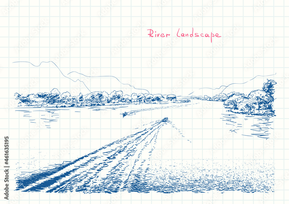 Banks of the river landscape, speed boats on the river, Blue pen sketch ...