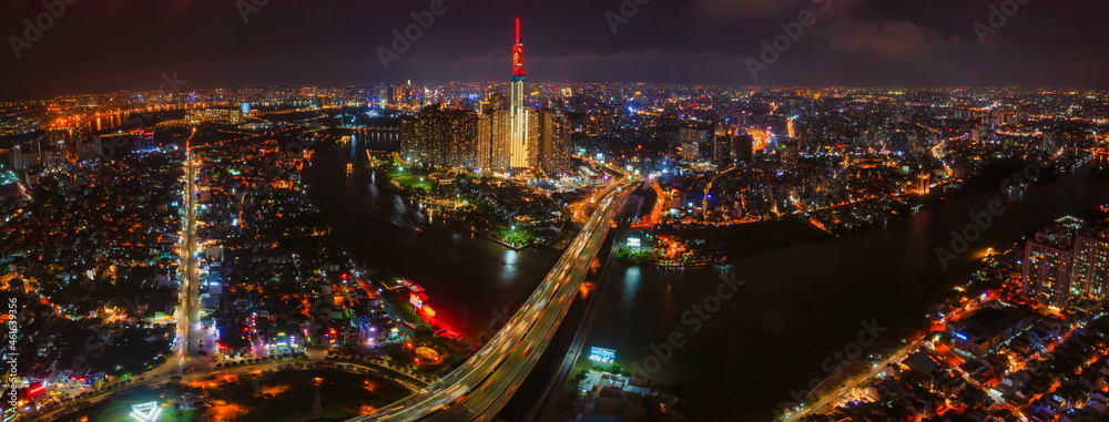 Aerial panoramic photo of Ho Chi Minh city skyline at night Stock Photo ...