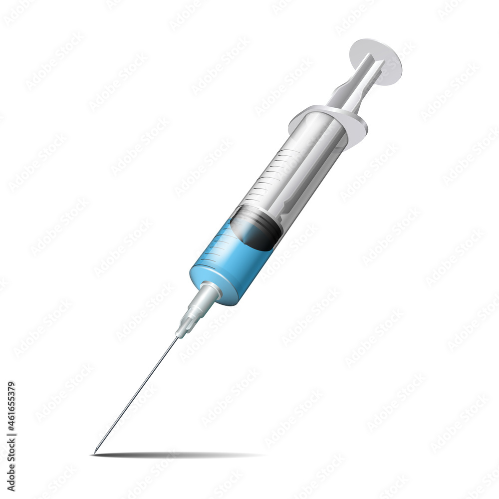 Syringe with blue liquid. Syringe with needle for medical drug ...