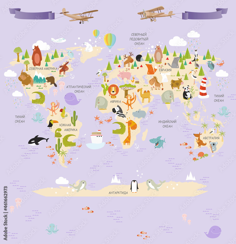image for photo wallpapers and murals. Children's world map with ...