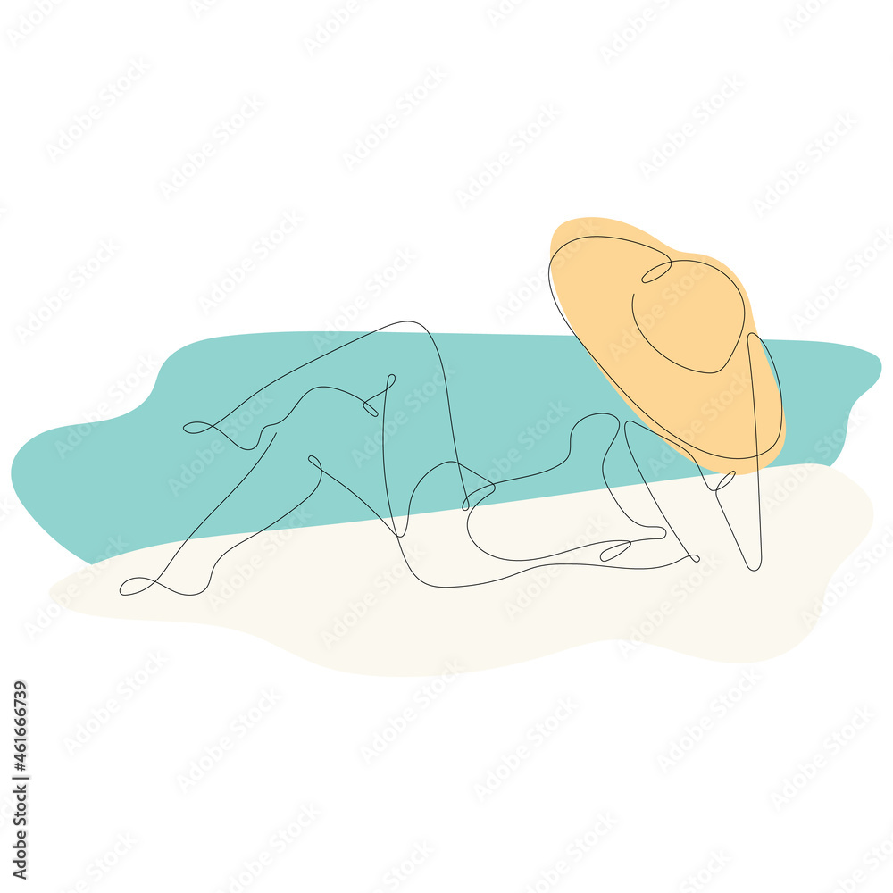 One line drawing girl resting on the beach in continuous line drawing ...
