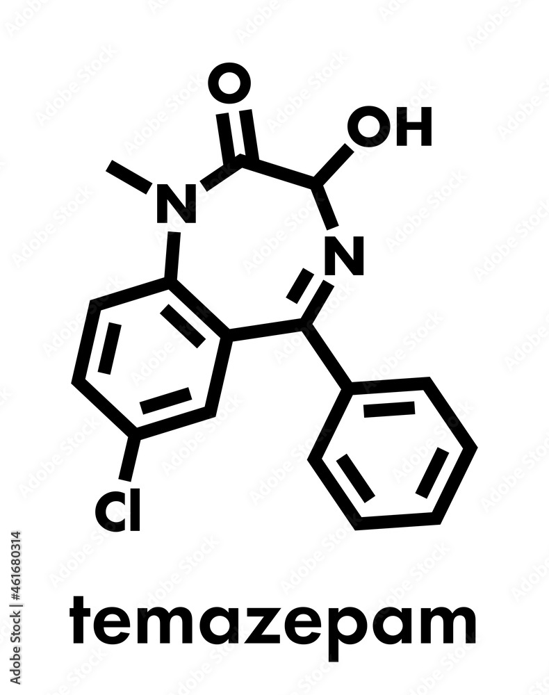 Temazepam benzodiazepine drug molecule. Used as hypnotic, anxiolytic ...