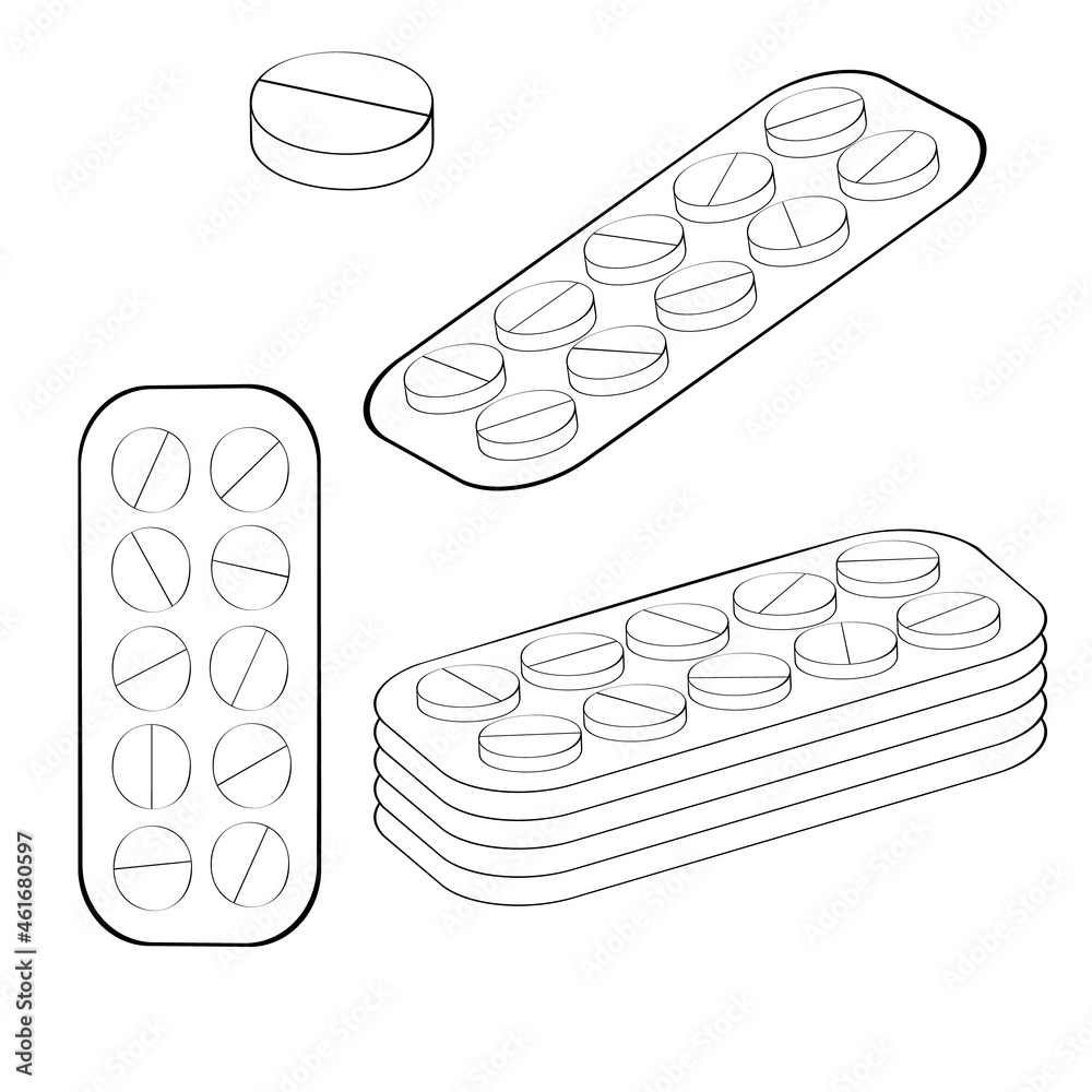An outline vector illustration of a set of pills and piles of pill ...