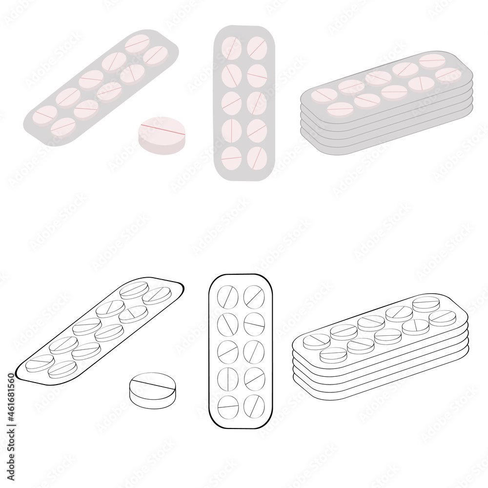 An outline vector illustration of two sets of pills and piles of pill ...