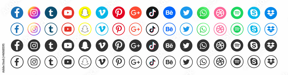 Round social media icons or social network logos flat icon set ...