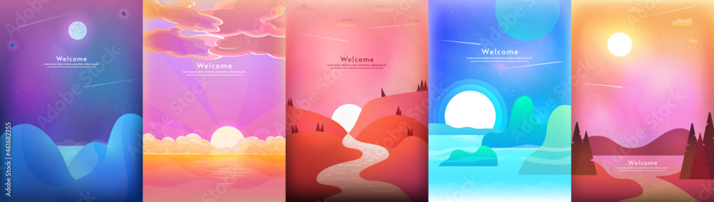 Abstract landscape set sunset or sunrise for wallpaper design. Vector ...