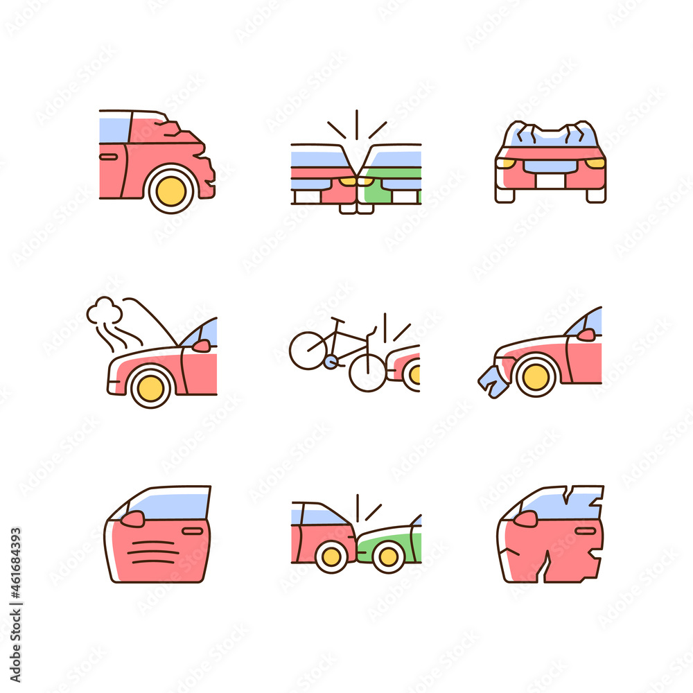 Road traffic accidents RGB color icons set. Car damaged body parts ...