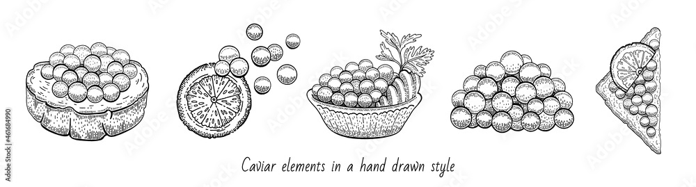 Caviar sketch illustration. Salmon caviar drawing. Vector vintage fish ...