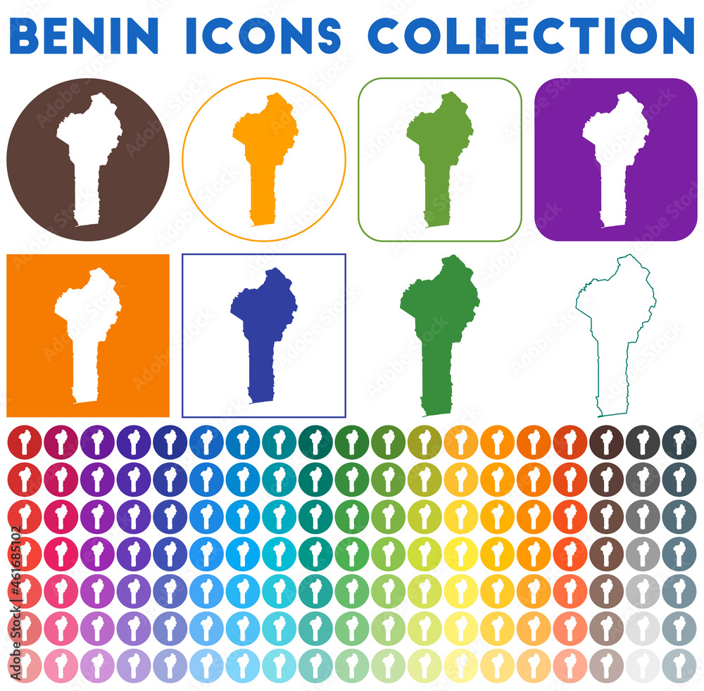 Benin icons collection. Bright colourful trendy map icons. Modern Benin ...