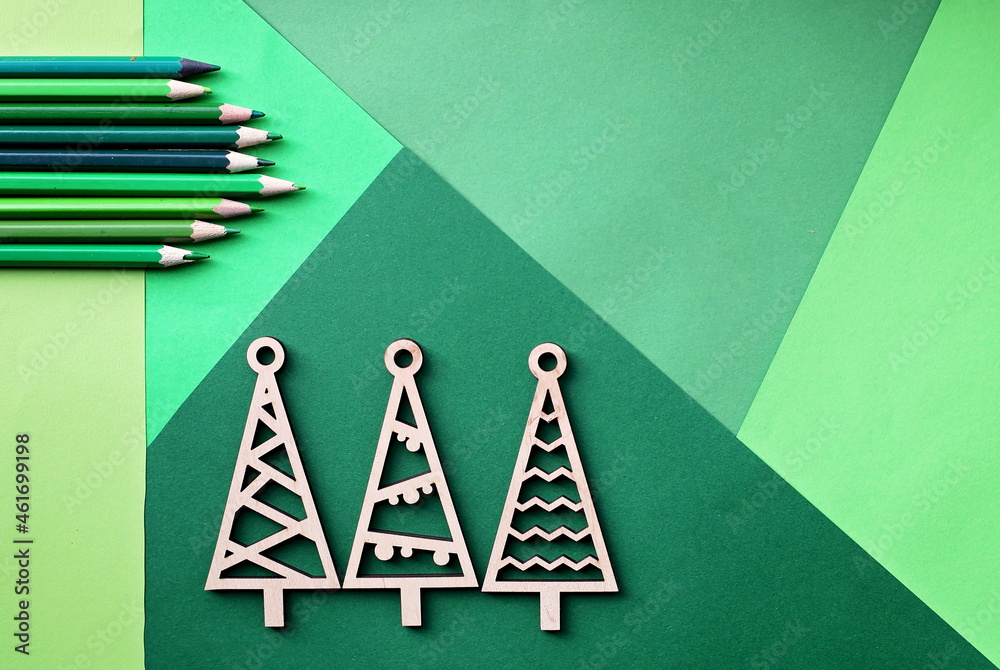 Tree simple wooden trees and many various shade of green color pencils ...