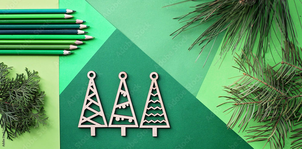 Tree simple wooden trees and many various shade of green color pencils ...