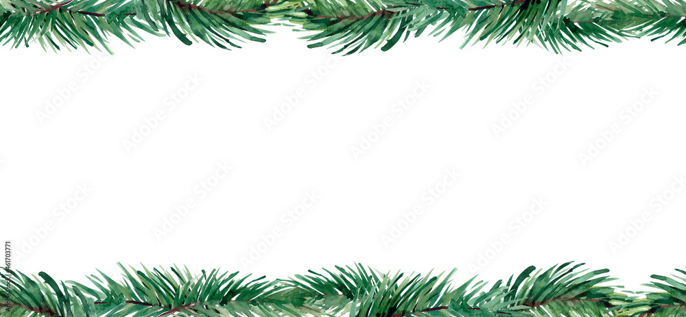 Wide Christmas border arranged with frosted fir branches isolated on ...