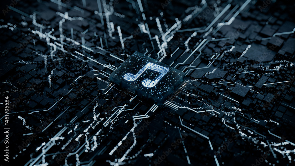 Audio Technology Concept with music symbol on a Microchip. Data flows ...