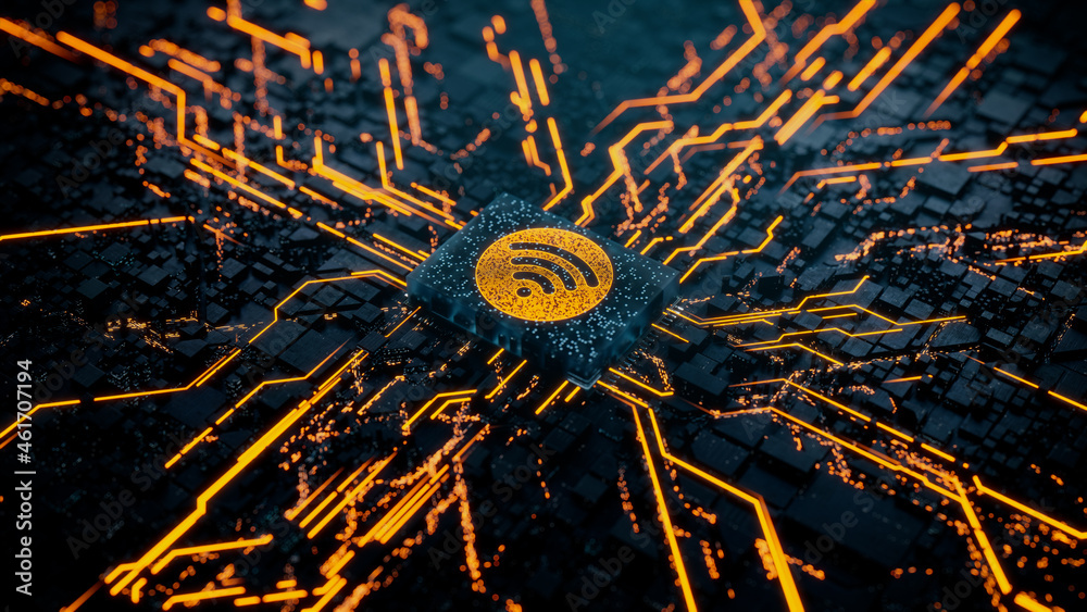 Wireless Technology Concept with wifi symbol on a Microchip. Data flows ...