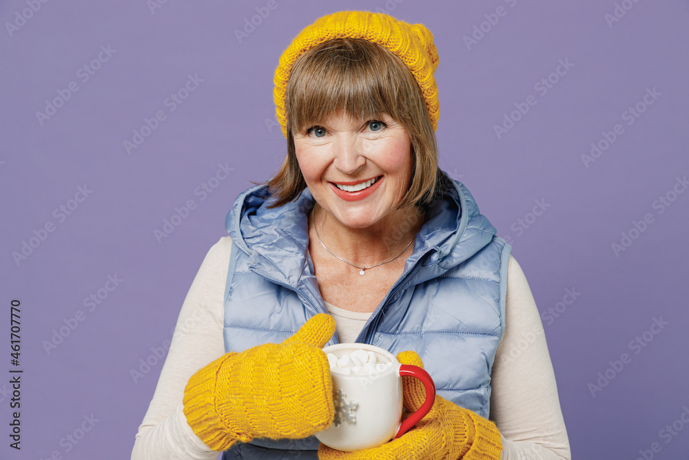 Mature elderly senior lady woman 55 years old wear blue waistcoat ...