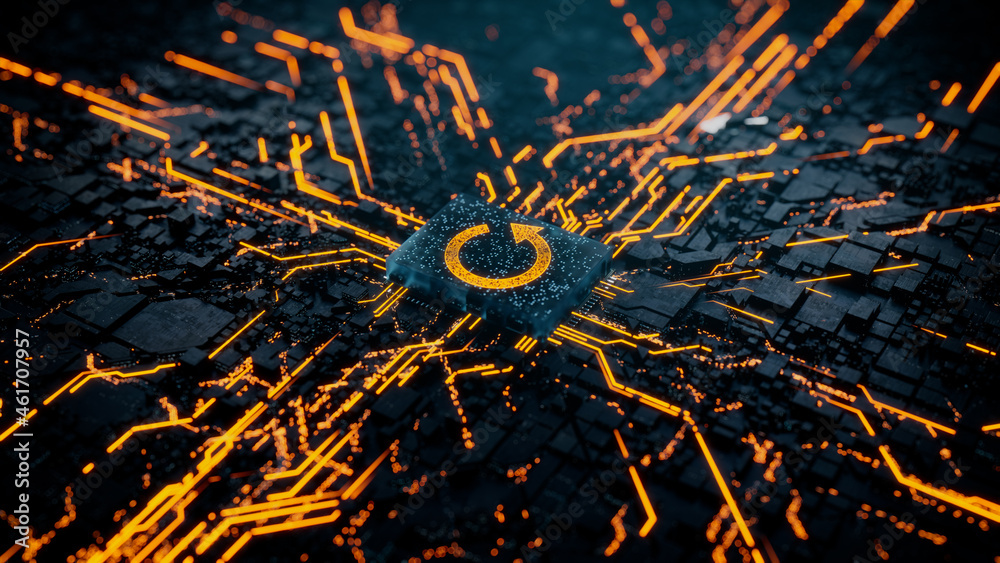 Reload Technology Concept with refresh symbol on a Microchip. Data ...