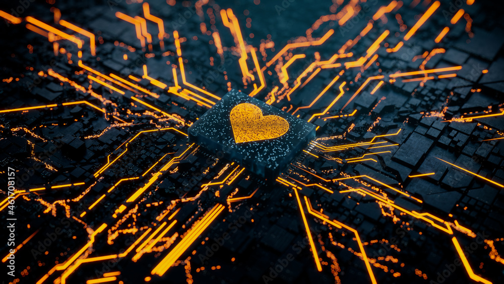 Love Technology Concept with heart symbol on a Microchip. Data flows ...