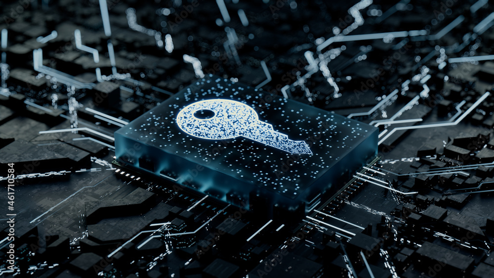 Security Technology Concept With Key Symbol On A Microchip Data Flows From The Cpu Across A