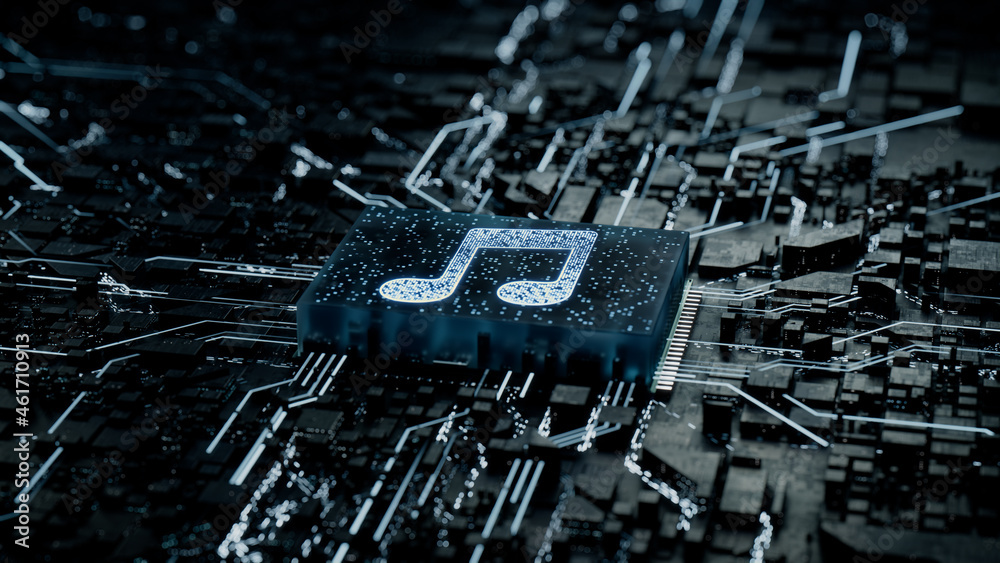 Audio Technology Concept with music symbol on a Microchip. Data flows ...