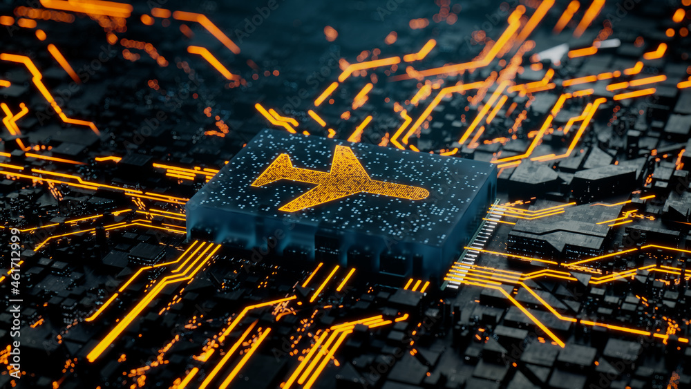 Flight Technology Concept with airplane symbol on a Microchip. Data ...
