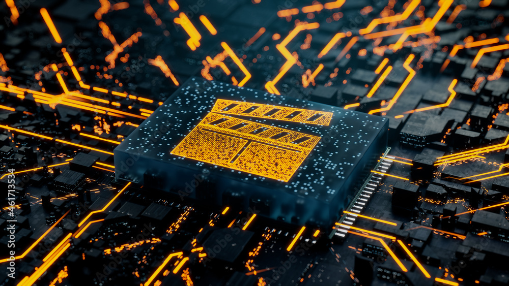 Entertainment Technology Concept with movie symbol on a Microchip. Data ...
