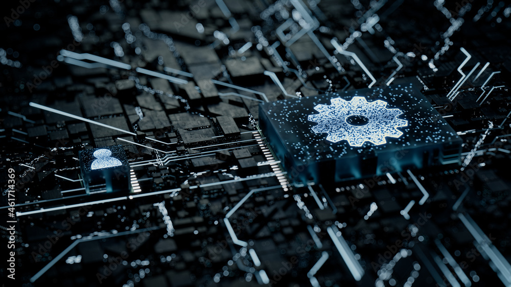 Configure Technology Concept with cog symbol on a Microchip. White Neon ...