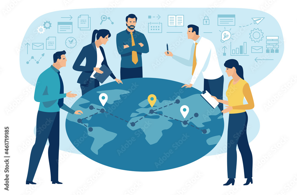 Business plan. The team stands around the Earth map and discusses the ...