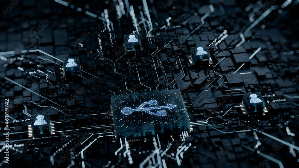 Interface Technology Concept with usb symbol on a Microchip. White Neon ...