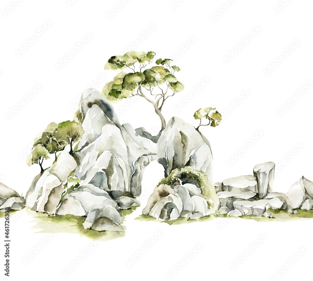 Watercolor cute stones border. Hand painted mountains, rocks frame with ...