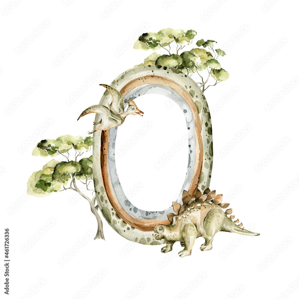 Watercolor cute dinosaurs border. Hand painted dino frame with palm ...