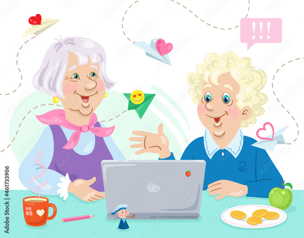 Happy grandmothers at the laptop screen. Online communication. In ...